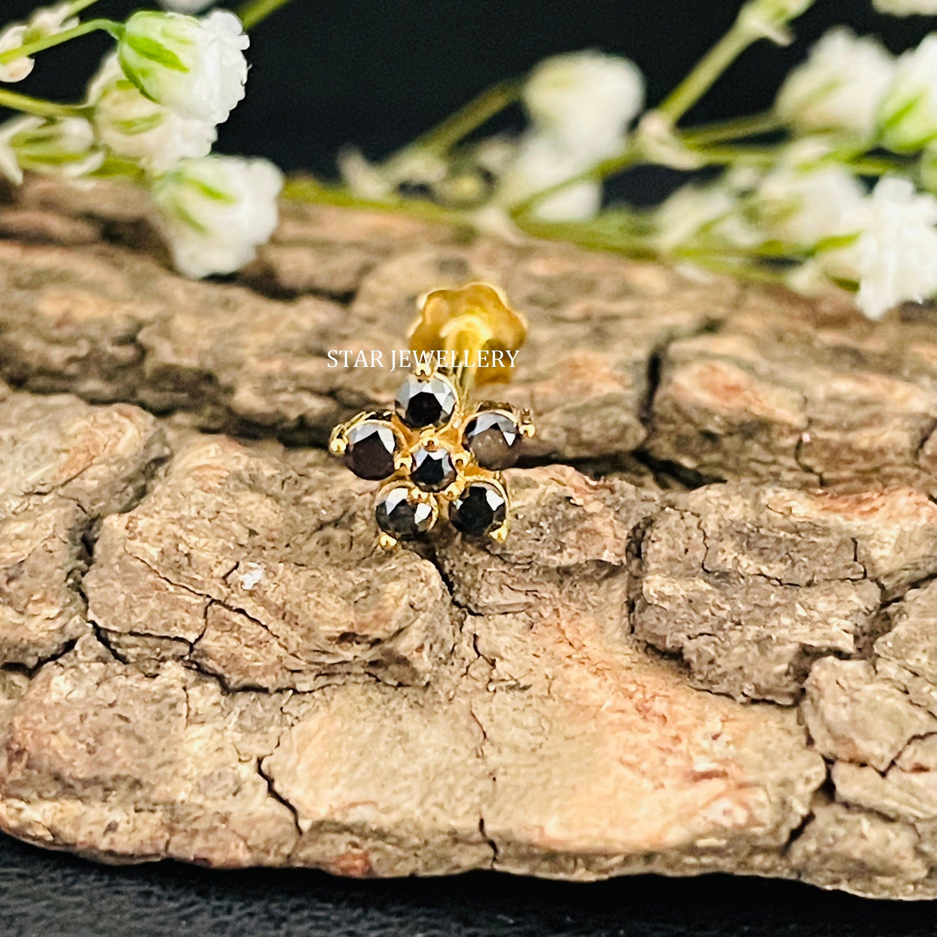 14K Solid Gold Natural Black Diamond Cluster Floral Ear Piercing – Siya ...