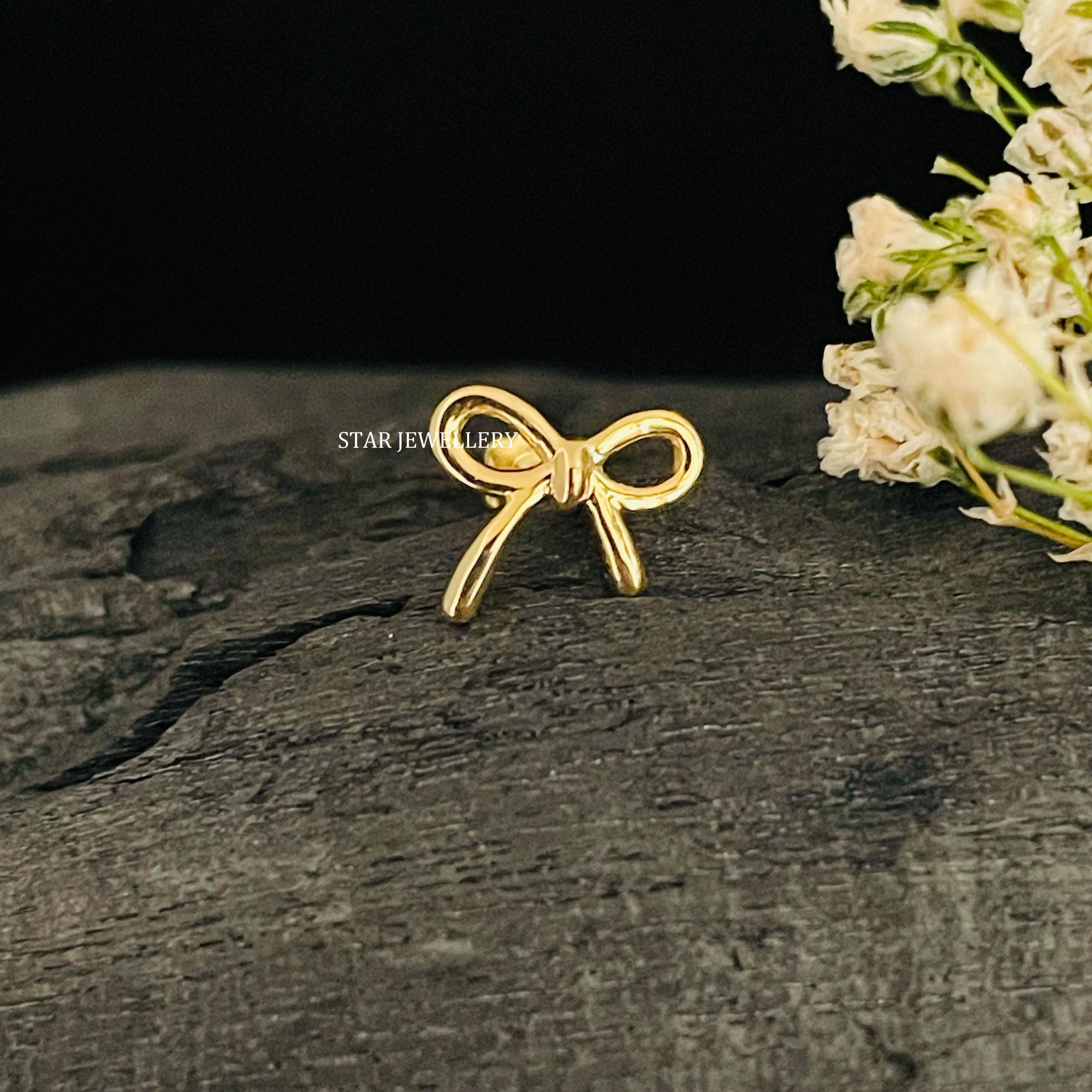 14K Solid Gold Tiny Bow Flatback Piercing – Siya By Star